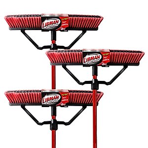 Libman Commercial 823 Multi-Surface Push Broom, Steel Handle, 24" Wide Sweep, Red & Black (Pack of 3)