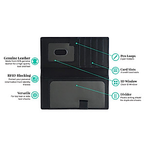 Black RFID Leather Checkbook Cover With Credit Card Slots and Pen Holder
