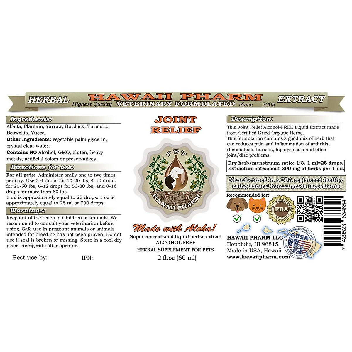 HawaiiPharm Joint Relief, Veterinary Natural Alcohol-Free Liquid Extract, Pet Herbal Supplement 2x2 oz