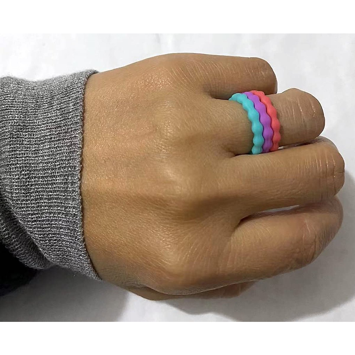 AZYOUNG Womens 3mm Wide Wave Silicone Wedding Ring 10pcs sets Green Blue White Stackable Rubber Bands - US Size 4-10 (8)