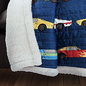 Lush Decor Cars Throw | Fuzzy Reversible Sherpa Blanket with Racing Print Design for Kids-60” x 50, Navy