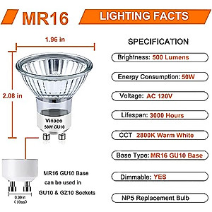 Vinaco GU10 Bulb, 6 Pack Halogen GU10 120V 50W, Dimmable, MR16 GU10 Light Bulb with Long Lasting Lifespan, gu10+c 120v 50w for Track&Recessed Lighting, Gu10 Base Bulb, 50W MR16/FL/GU10