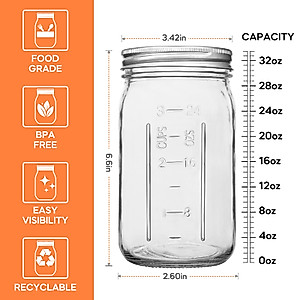 TOEKSIX Wide Mouth Mason Jars 32 oz/Quart with Airtight Lids and Bands 12 Pack, Clear Glass Jars for Canning, Preserving, Jam, Wedding Favors, Sauces, Meal Prep, Pickling, DIY Projects