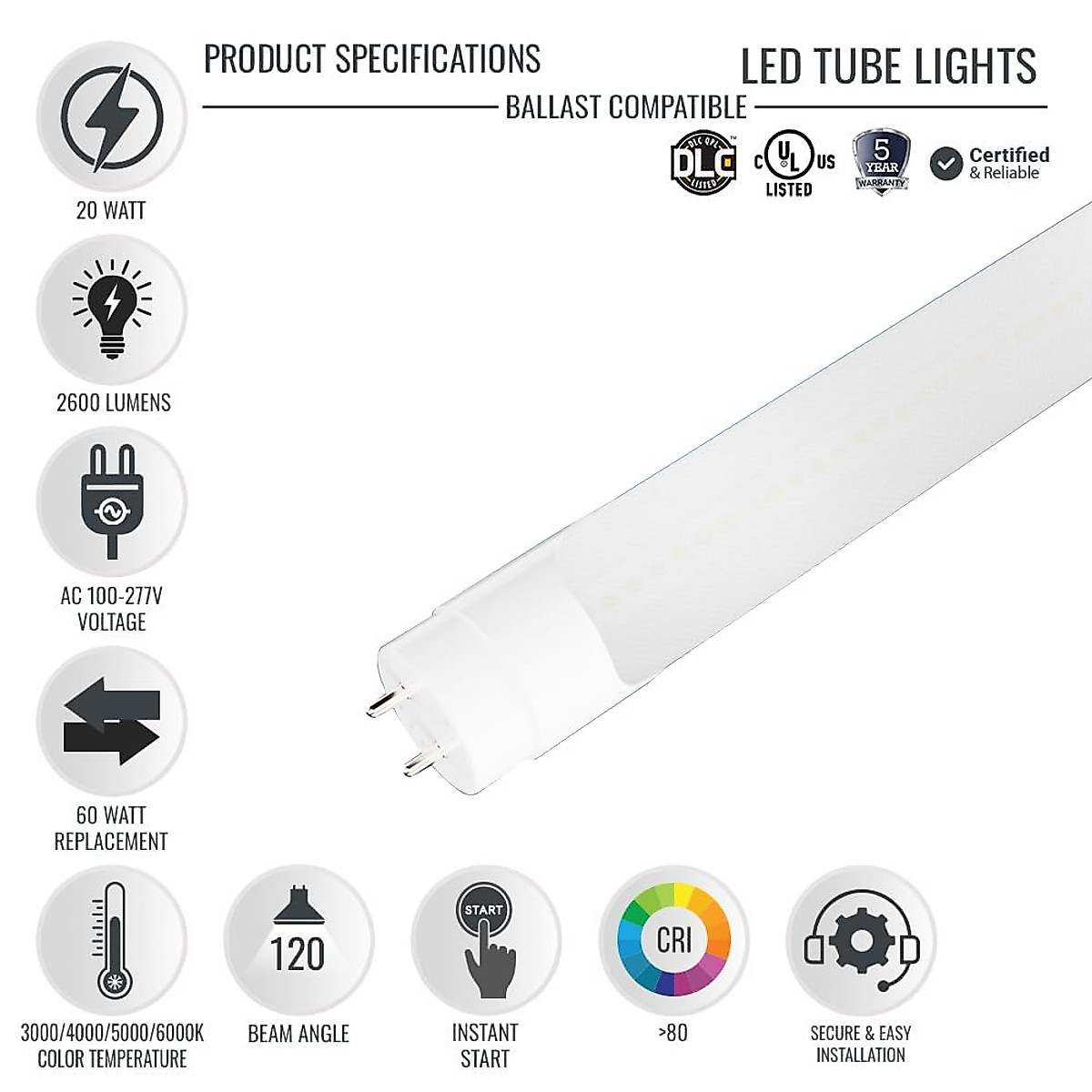 LEDMyplace 20W 4Ft LED Tube Light Bulb, Double Ended Ballast Compatible, Frosted Lens, 5000K Daylight White, 60W Replacement, for ‎Office, Warehouse, Supermarket, Parking, Pack of 4