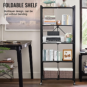 Fenbeli 5 Tier Storage Shelf with Wheels - Metal Collapsible Shelving Unit Display, Heavy Duty Folding Shelves, No Assembly Organizer Rack for Garage Kitchen, Basement, Pantry (Black, 5 Tier)