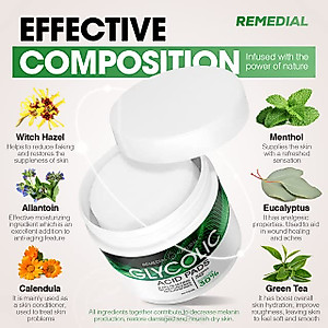 Glycolic Acid Resurfacing Pads for Face and Body - 30% Exfoliating Facial Peel - Vitamins B5 C E, Green Tea - Glycolic Acid Face Wash – 60 Pre-Moistened Cotton Pads for Face Cleansing and Peeling