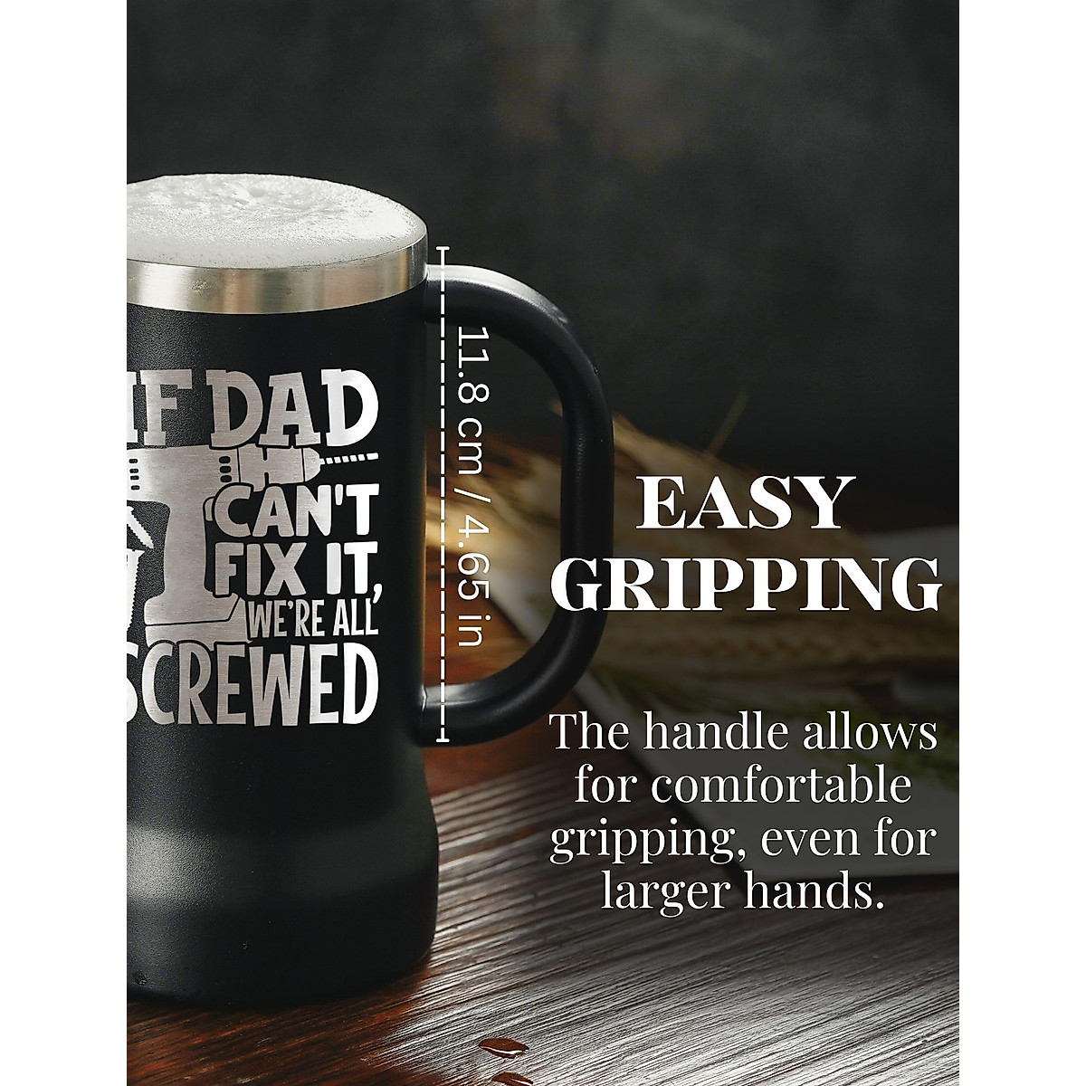 Onebttl Dad Fix Gifts from Daughter Son, Stainless Steel Beer Stein Tumbler, 24oz Beer Mug with Lid for Father's Day