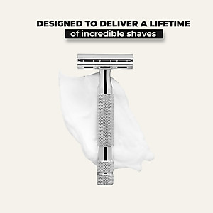 ROCKWELL RAZORS 6C White Chrome Safety Razor With 6 Adjustable Shave Settings and 5 Fully Recyclable Razor Blades Reusable Safety Razors for Men and Women