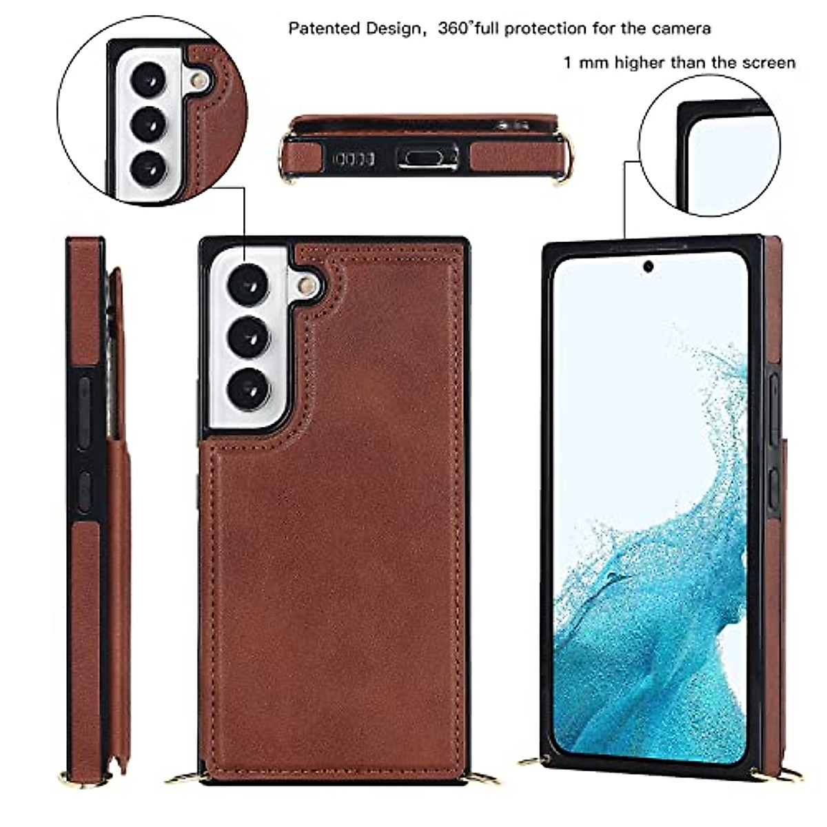 DEFBSC Compatible with Samsung Galaxy S22 Plus Case, Crossbody Wallet Case, Adjustable Detachable Lanyard Neck Strap with Kickstand Leather Card Holder Protective Cover-Brown