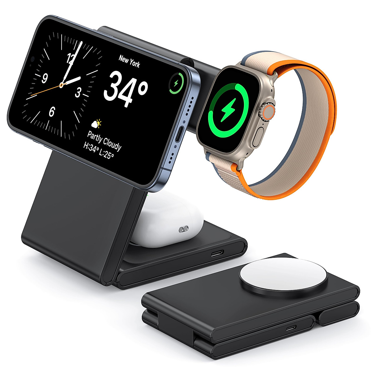3 in 1 Wireless Charging Station for Multiple Devices, Fast Foldable Travel Mag-Safe Stand for iPhone 15 14 13 12 Pro Max/Plus/Pro/Mini, Magnetic Charger for Apple Watch/AirPods Pro with 20W Adapter