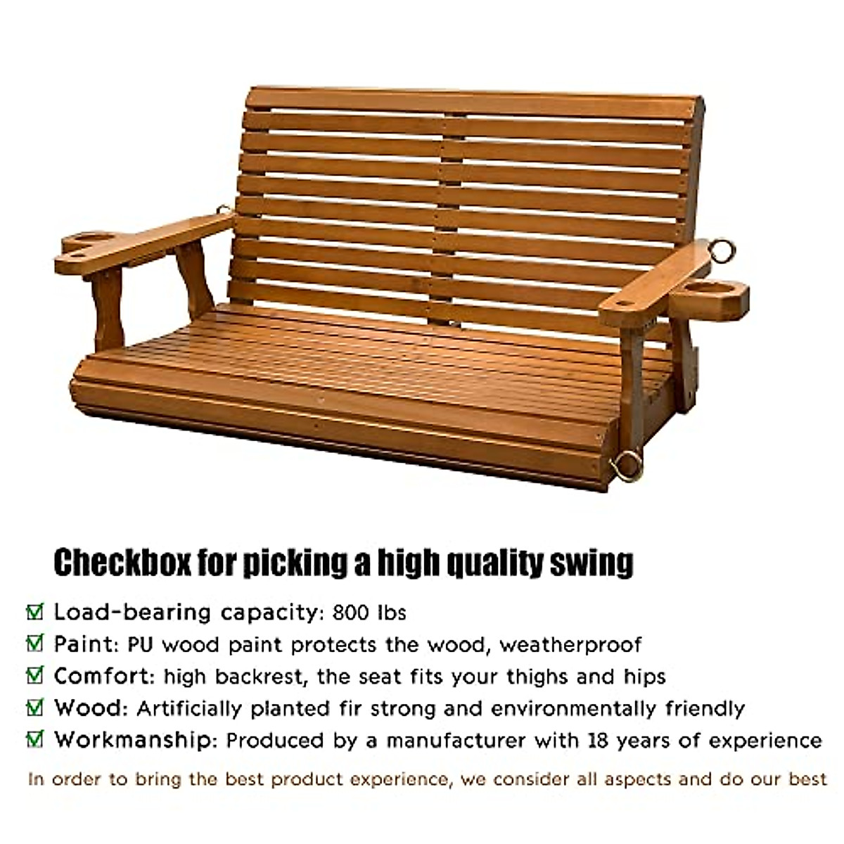 Wooden Porch Swing 2-Seater, Bench Swing with Cupholders, Hanging Chains and 7mm Springs, Heavy Duty 800 LBS, for Outdoor Patio Garden (Brown, 4 FT Extra Large)