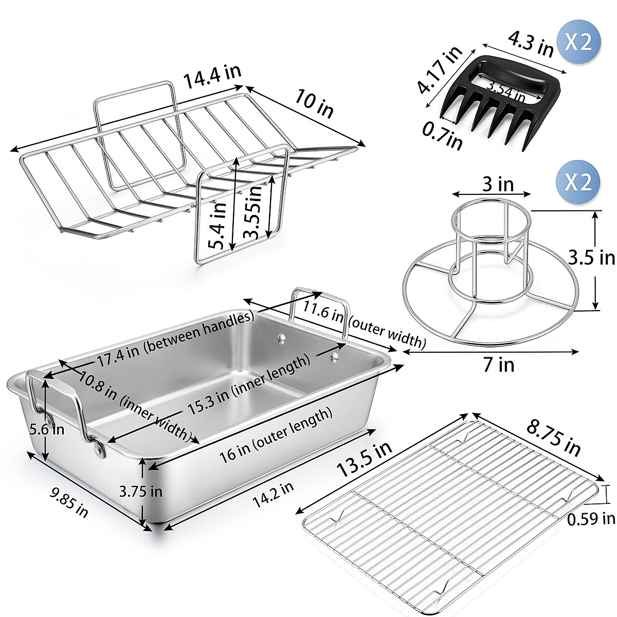 16" Roasting Pan with Rack, 7 PCS P&P CHEF Stainless Steel Roaster Lasagna Pan with Cooling Flat & V-shaped Baking Rack, Grilling Chicken Holder, Meat Shredding Claws, Dishwasher & Oven Safe