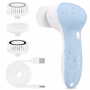 Waterproof Facial Cleansing Spin Brush Set with 3 Exfoliating Brush Heads - Rechargeable Face Scrubber Cleanser Brush by CLSEVXY - Face Brush for Gentle Exfoliation and Deep Scrubbing