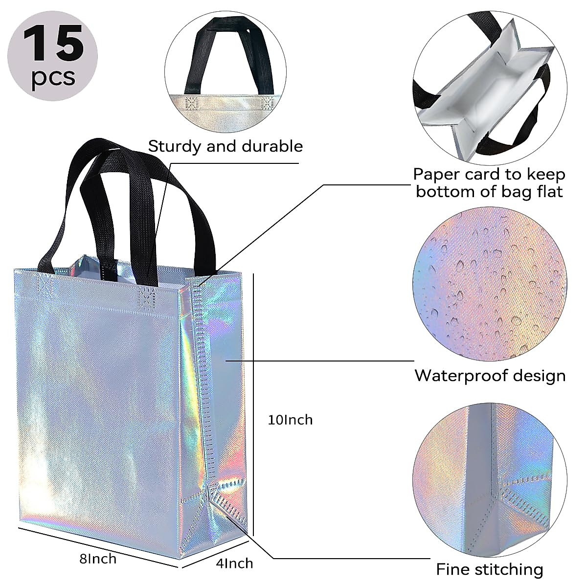 Reusable Gift Bags With Handles,Iridescent Gift Bags Set of 15 Medium Reusable Shopping Bags With for Party Favor Bags,Goodie Bags, Birthday Gift Bag 8x4x10 Inch