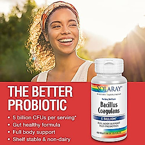 SOLARAY Bacillus Coagulans Probiotic, Shelf Stable | Full Body Support | 5 Bill. CFUs & Prebiotics, 60 VegCaps, 30 Serv.