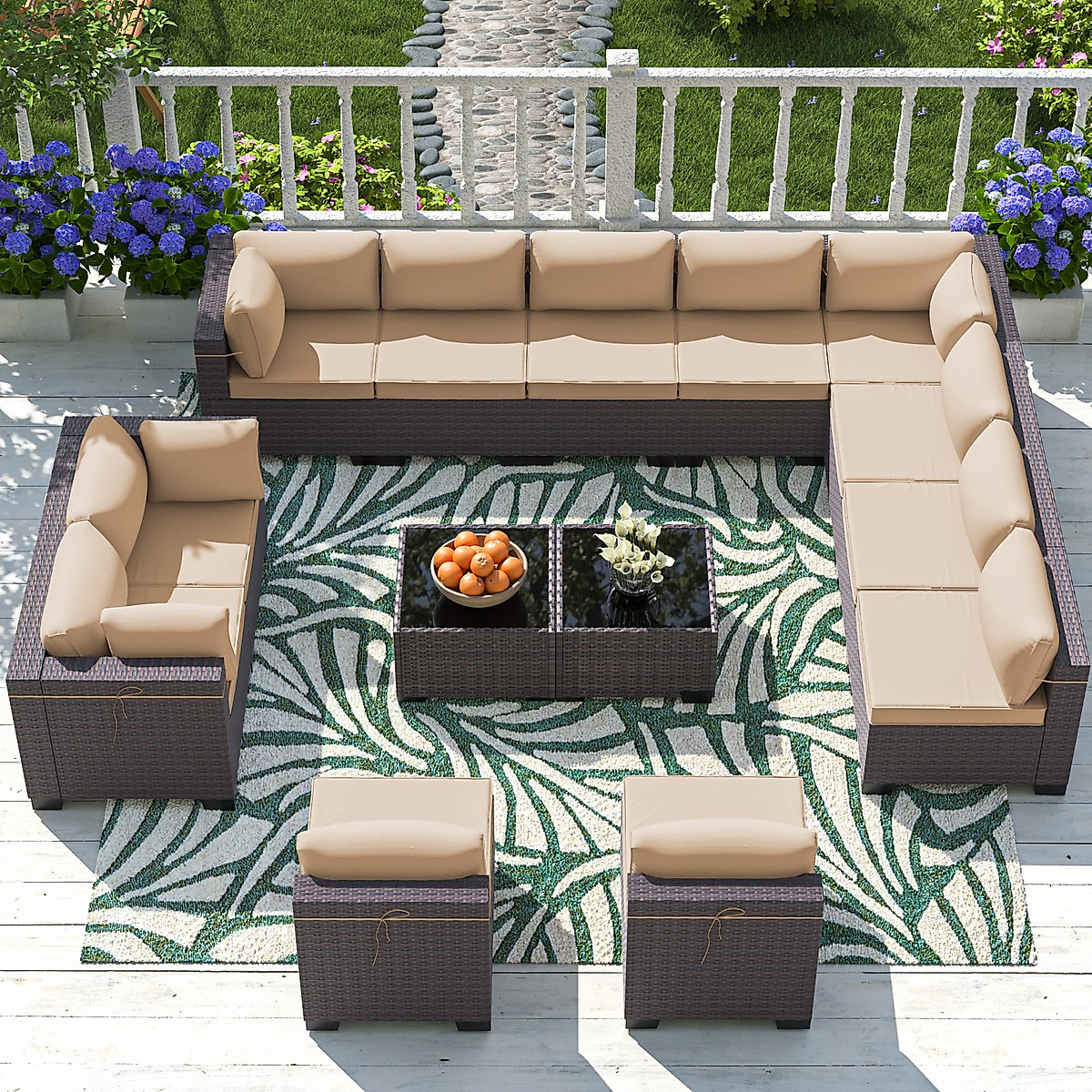 ASJMR Outdoor Patio Furniture Set, 14 Pieces Outdoor Sectional Furniture Patio Sofa, All-Weather PE Rattan Patio Conversation Set with Tempered Glass Top Table & Cushions(Brown).