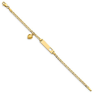 14K Yellow Gold Heart Love Dangling Anchor Mariner Link Name Bar Identification ID Bracelet