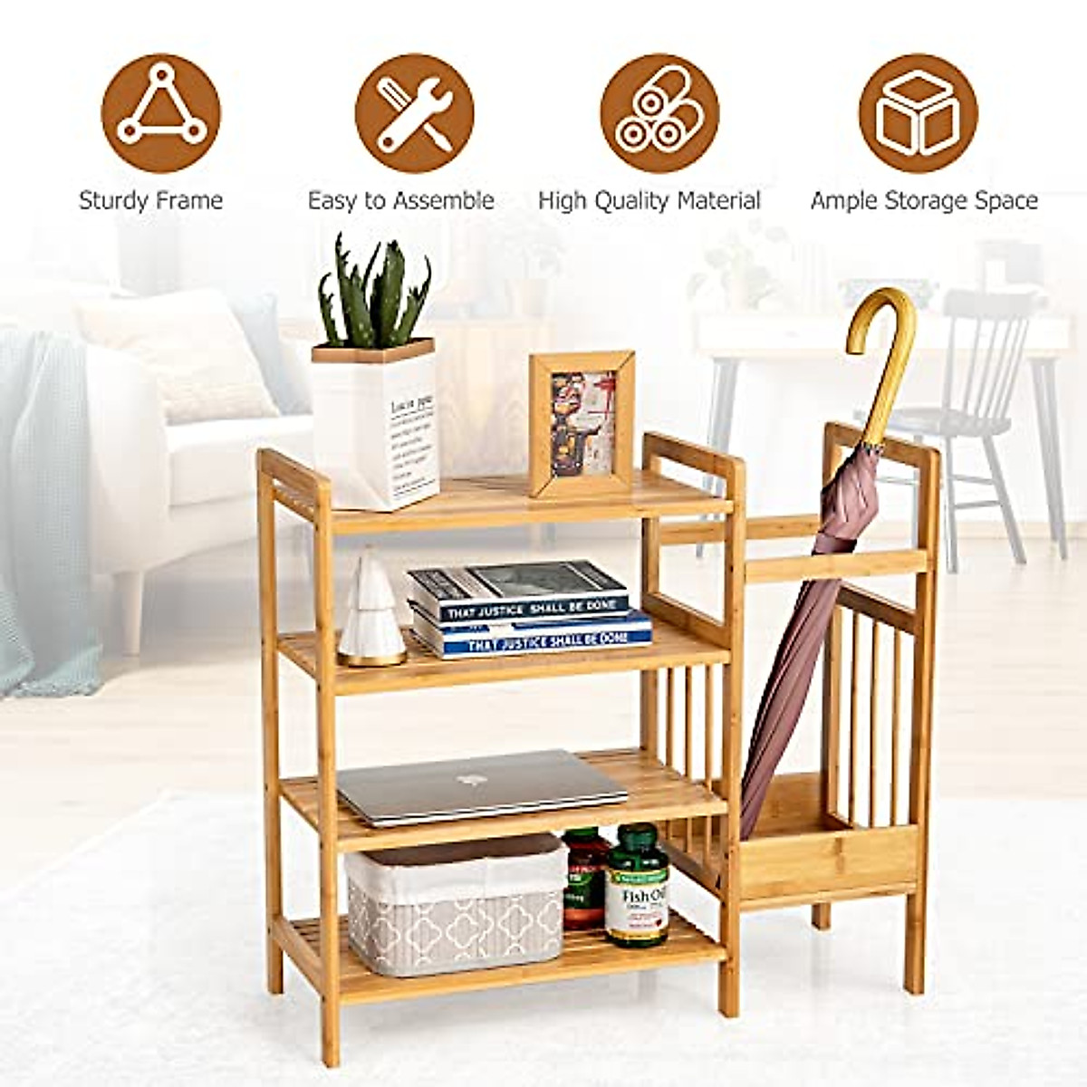 Giantex 4-Tier Bamboo Shoe Rack, Multifunctional Storage Stand, Entryway Organizer w/ Umbrella Holder & Storage Shelves, Ample Storage Space, Freestanding Shoe Shelf for Living Room, Hallway