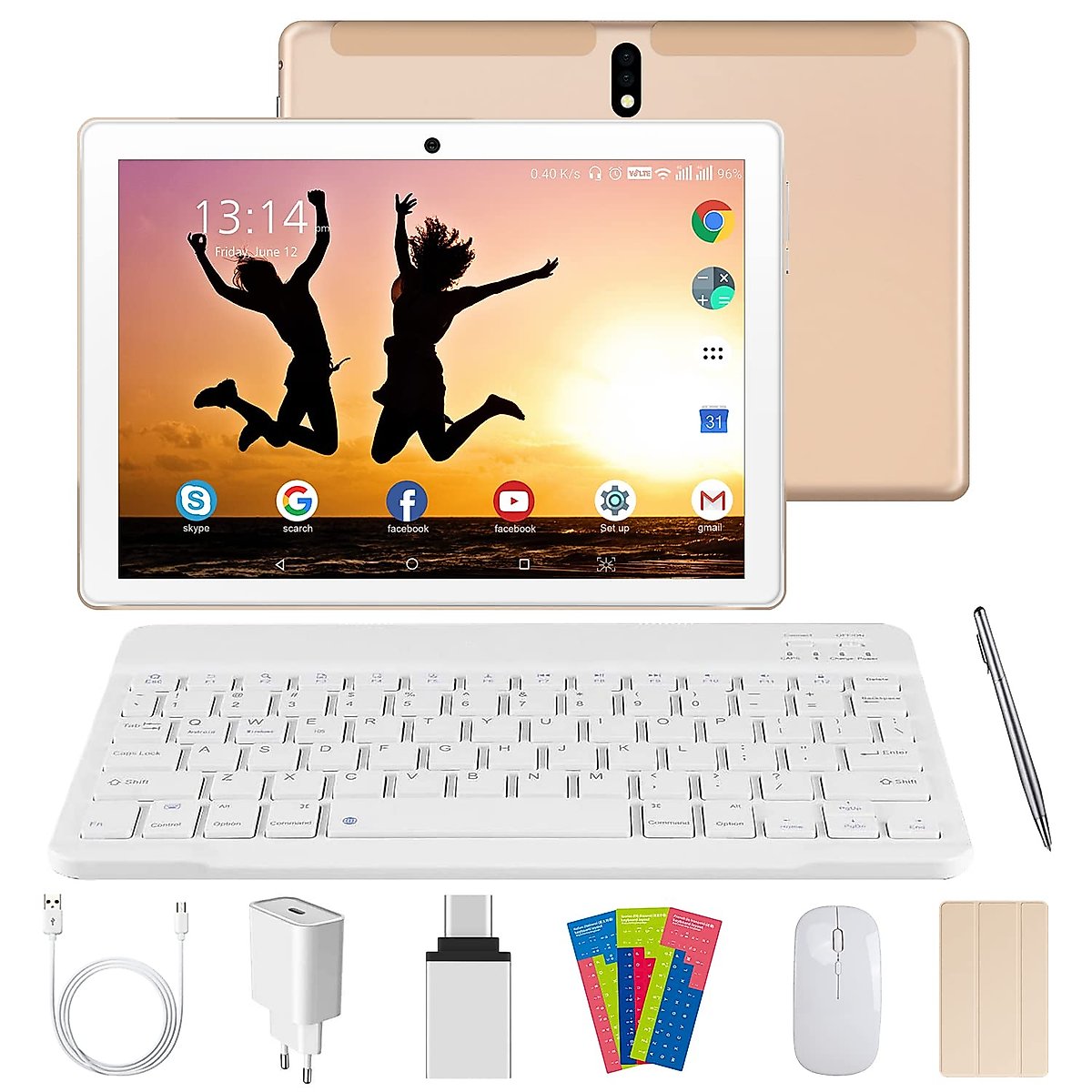 AOYODKG TAB-A22 10 Inch Tablet with Keyboard, Android 10, Octa-core Processor, 64GB Storage, 4GB RAM, 256GB Expandable, WiFi, GPS, 1920x1200 HD Display, Gold