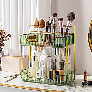 Shuang Qing 2 Tier Bathroom Counter Organizer, Skin Care Vanity Countertop Organizer, Makeup Brush Holder Organizer, Perfume Trays for Dresser and Toothbrush Holders for Bathrooms (Green)