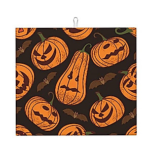Halloween Pumpkin Printed Drying Mat For Kitchen Ultra Absorbent Microfiber Dishes Drainer Mats Non-Slip Silicone Quick Dry Pad - 18 X 16inch