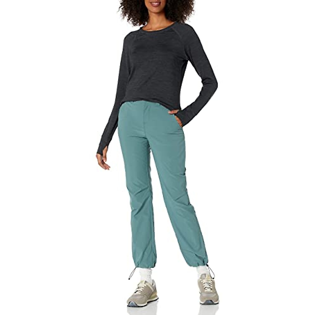 Amazon Essentials Women's Brushed Tech Stretch Long-Sleeve Crewneck Shirt (Available in Plus Size), Black/Space Dye, Large