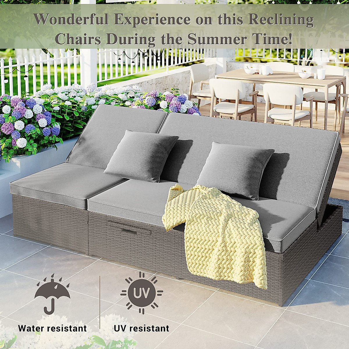 Outdoor PE Rattan Daybed Double Reclining Chairs with Adjustable Backrest and Cup Tray, All Weather Patio Sunbed Lounge Chair Conversations Sofa with Thick Cushions and Pillows for 2 Person (Gray-D)