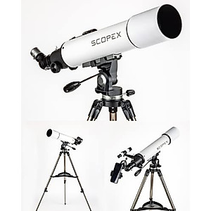 SCOPEX Telescope 90mm Aperture, Telescopes for Adults Astronomy Professional, AZ Astronomical Refractor, Telescope for Kids 8-12 Plus, Phone Adapter, Two Finderscopes, Bluetooth Remote, Case. White