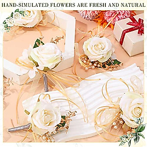 20 Pcs Rose Wrist Corsage and Boutonniere Set Flower Wrist Corsage Wristlet Band Bracelet Bridegroom Men's Boutonniere Wedding Wristlet Hand Flower for Prom Party Bouquets Accessories (Champagne)