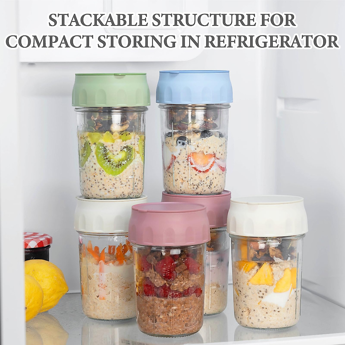 SOLIGT 4 Pack Overnight Oats Containers with Lids, Folding Spoons and Divided Compartments for Fruit & Nuts, Small Glass 16oz Mason Jars for Oatmeal (4 Set-Oat White/Green/Rose/Blue)