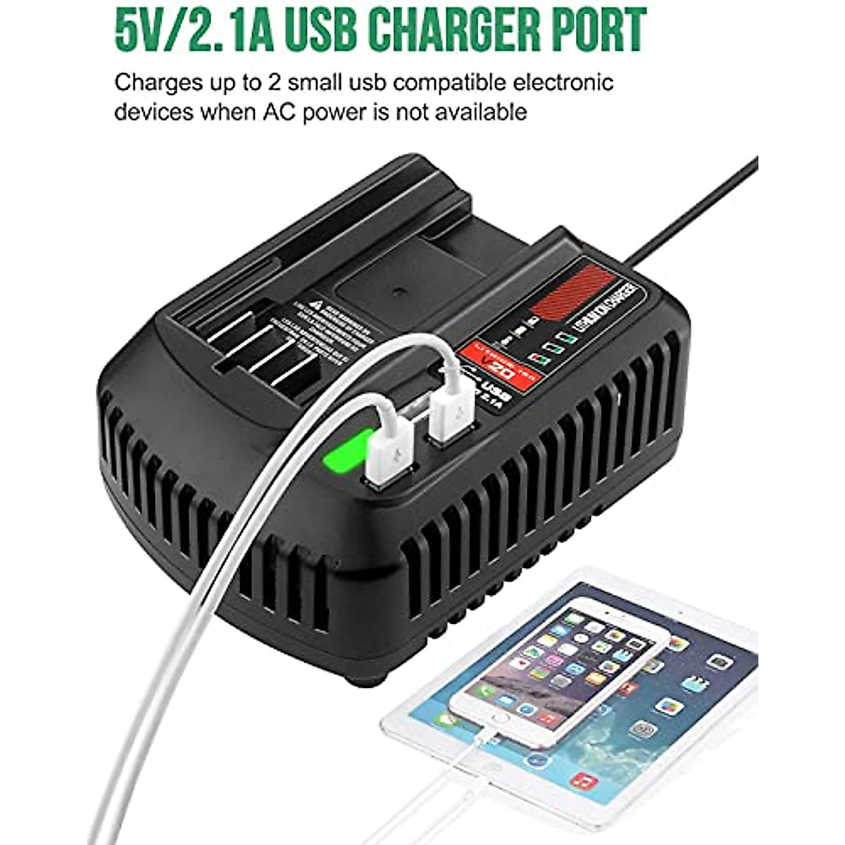 CMCB104 V20 Battery Fast Charger Replacement for Craftsman V20 Craftsman 20V max Lithium Compact Batteries Lithium Battery CMCB202 CMCB204 CMCB206 with 2 USB Ports