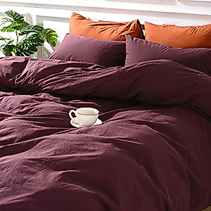 NEXHOME PRO Duvet Cover Set King Size Linen Look Textured Organic Natural 100% Washed Cotton Duvet Cover Burgundy Dark Red 3 Pieces Bedding Set with Zipper, Breathable, Soft (No Comforter)