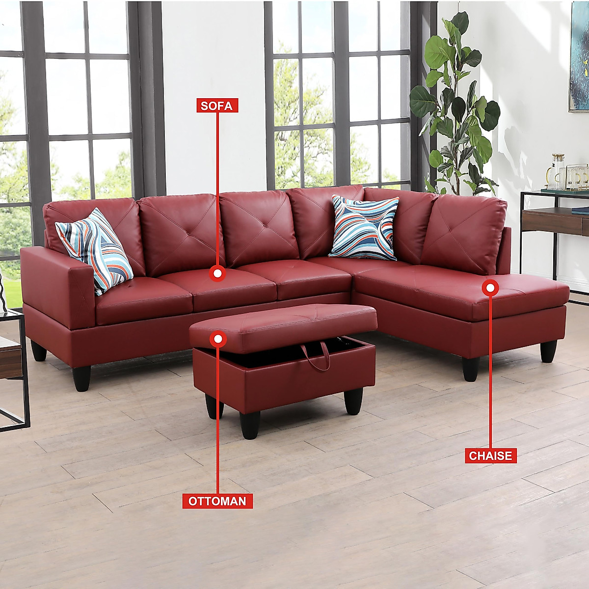 Dyncan 3-Piece Faux Leather Sectional Couch, Modern 5 Seater Corner Sofa Upholstered Modular Sofas with Chaise Lounge and Storage Ottoman, Large L-Shaped Living Room Sets w/Right Armrest (Red)