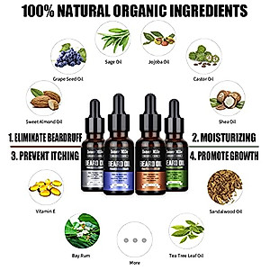 ISNER MILE Beard Oil 4 Pack, Stocking Stuffers Gifts for Him Dad Boyfriend, Mustaches Soften, Moisturize, Strength and Growth with Sandalwood, Bay Rum, Cologne, Unscented, Beard Maintenance Treatment