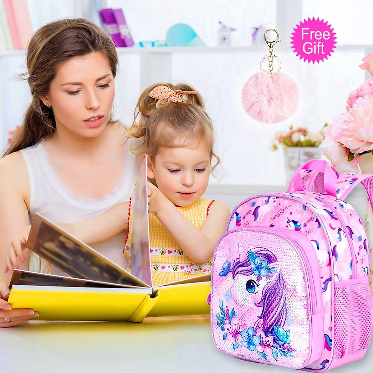 KLFVB Toddler Backpack for Girls,Cute Unicorn Bookbag for Little Kids,12” Sequin Kindergarten Preschool Schoolbag