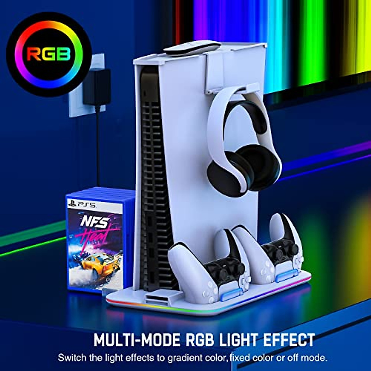 DINOSTRIKE RGB Light PS5 Stand and Cooling Station with Dual Controller Charging Station for Playstation 5 Console, PS5 Accessories for PS5 Console with Headset Holder, 6 Game Slots, Screw White