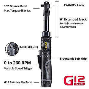 Durofix RW1216-32 G12 Series 12V Li-ion Cordless 3/8” 65 ft-lbs. Extended Ratchet Wrench Tool Kit with 2 Batteries and Canvas Bag