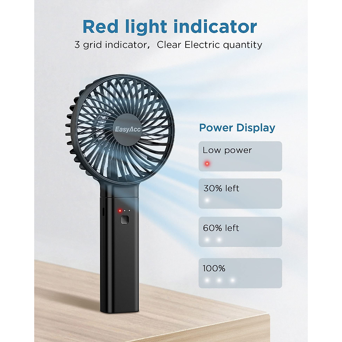 EasyAcc Handheld Fan, 2024 Newly Powerful Quiet Portable Fan Small Desk Fan [ 4 Speed/Battery Indicator/Easy Clean] 17H Battery Operated Fan One Touch Power Off Personal Fan for Travel Outdoor