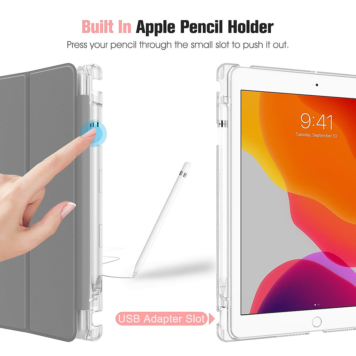 Fintie Case with Pencil Holder for iPad 9th / 8th / 7th Generation (2021/2020/2019) 10.2 Inch - Slim Shell Hard Case with Translucent Frosted Stand Back Cover, Auto Sleep/Wake, Marble White