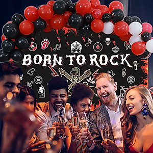 Crenics Rock and Roll Party Decorations - Large Born to Rock Backdrop Banner, Balloons Arch Kit and Guitar Foil Balloons for Rock Star Music Theme Birthday Party Supplies