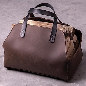 Personalised Leather Log carrier | Monogrammed Leather firewood tote | Fire place Decor | Fire wood carrier | Chimney Wood Carrier. (Brown)