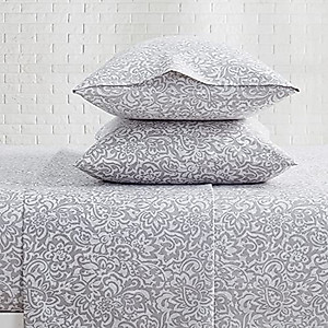 Indigo Ink - Full Size Sheet Set, 4-Piece Boho Floral Damask Patterned Bedding, Soft & Wrinkle Resistant (Tufted Medallion Collection, Grey)