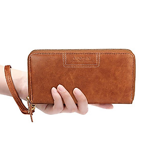 FT FUNTOR Wristlet Wallet for Women, Ladies Zip around Wallet PU Vegan Leather Clutch Long Purse Phone Card Holder Organizer Brown
