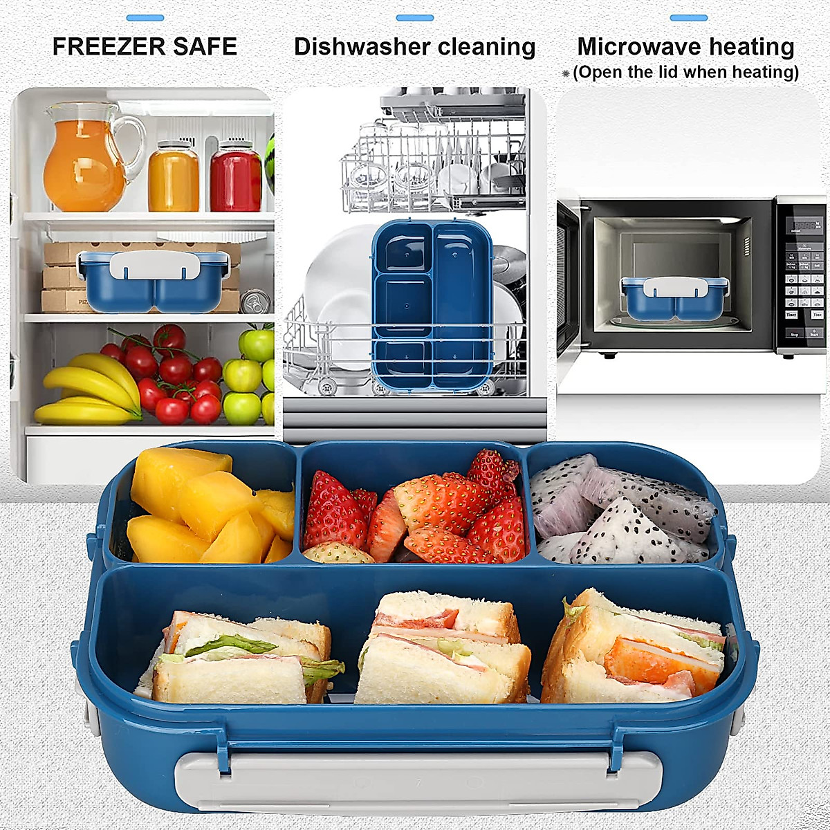 Ylebs Bento Box 1300ML Bento Lunch Boxes For Adults,4 Compartment Lunch Containers With Spoon & Fork,Microwave & Dishwasher & Freezer Safe,BPA Free (Blue)