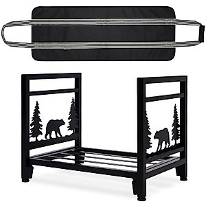 MYFIREPLACEDIRECT Firewood Rack with Log Bag Indoor Fireplace Log Holder Outdoor Wood Storage Log Rack Decorative Heavy Duty Steel Firewood Carrier Stove Bracket Stacking Rack