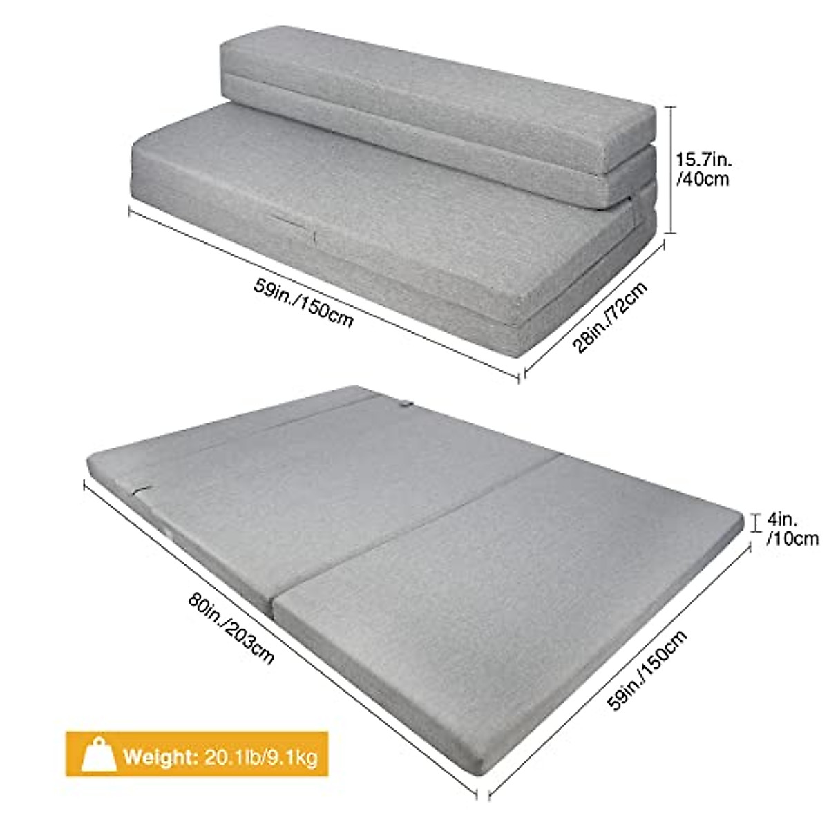Varbucamp 4 Inch Folding Mattress, Memory Foam Portable Mattress and Sofa Bed with Washable Cover for Guest, Camping, Bedroom, Gray(80'' x 59'' x 4'')