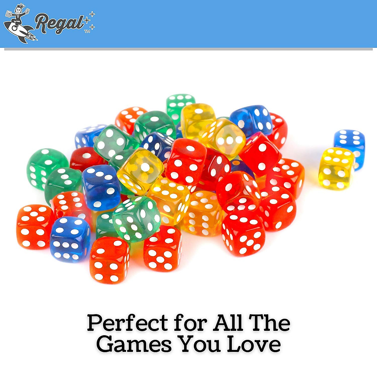 Regal Games 6-Sided Translucent 16mm Dice Set - Playing Colored Set of Dice - Square Dice for Classroom or Family Game Night - 50 Dice