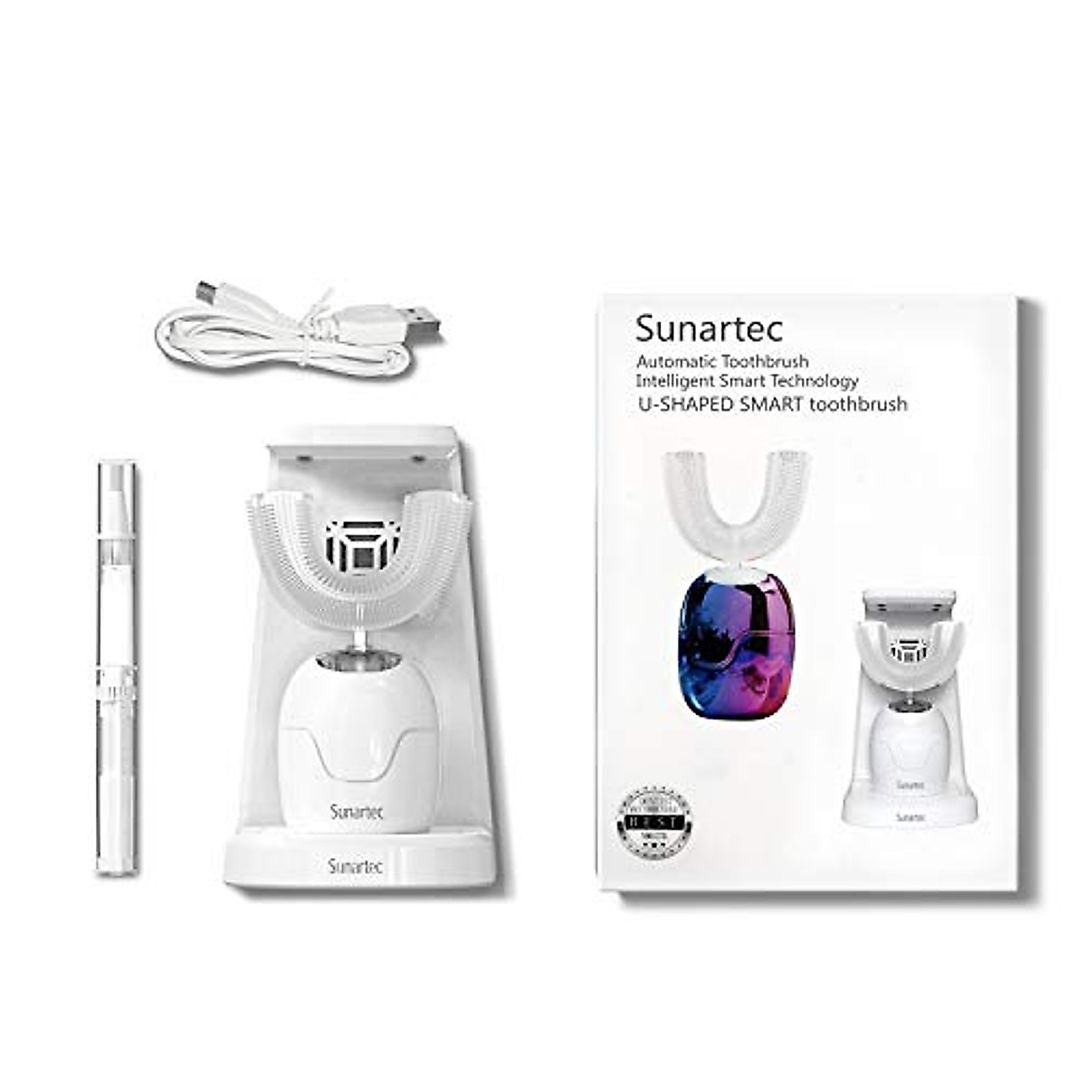 Sunartec Electric Toothbrushes 2023 Newly Generation Sonic U-Shaped Toothbrushes Teeth Whitening Kit Gel for Adults Portable Purplr-Light Cleaning and Air-Drying Powerful Charger IPX7