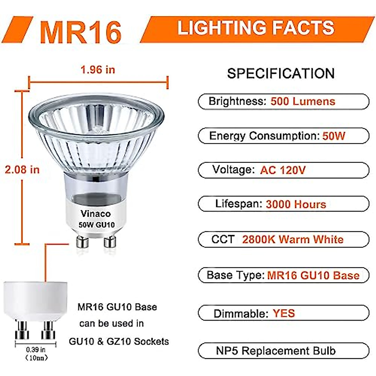 Vinaco GU10 Bulb, 6 Pack Halogen GU10 120V 50W, Dimmable, MR16 GU10 Light Bulb with Long Lasting Lifespan, gu10+c 120v 50w for Track&Recessed Lighting, Gu10 Base Bulb, 50W MR16/FL/GU10