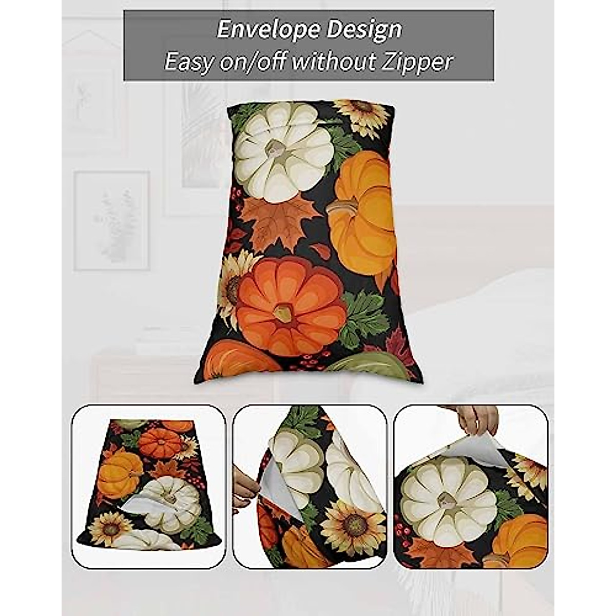 Edwiinsa Thanksgiving Pillow Covers King Standard Set of 2 Bed Pillow, Farmhouse Black Pumpkin Maple Leaves Plush Soft Comfort for Hair/Skin Cooling Pillowcases with Envelop Closure 20''x36''